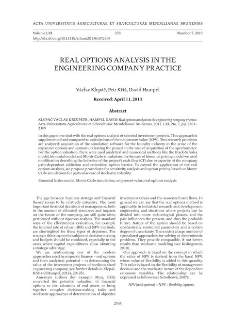 Pdf Real Options Analysis In The Engineering Company Practice