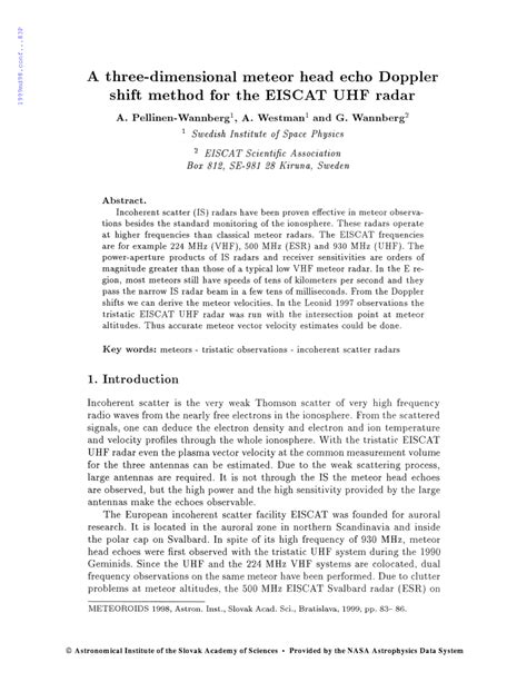 Pdf A Three Dimensional Meteor Head Echo Doppler Shift Method For The