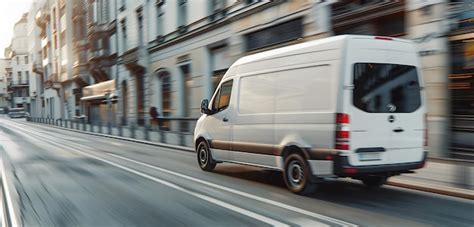 A White Van Is Driving Down A Street With A Person Walking On The Side