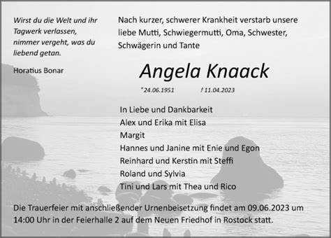 Traueranzeigen Von Angela Knaack Trauer Anzeigen De