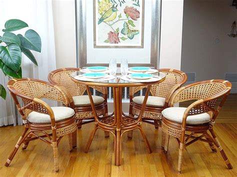 5 Pcs Pelangi Rattan Wicker Dining Set Of Round Table With Glass Top