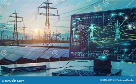 Computer Displaying Cad Electrical Project With Power Grid Stock Image Image Of Grid