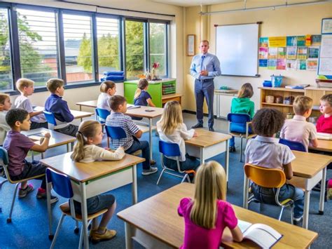 A Classroom With A Man Standing In Front Of A Board That Says School