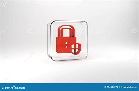 Red Shield Security With Lock Icon Isolated On Grey Background