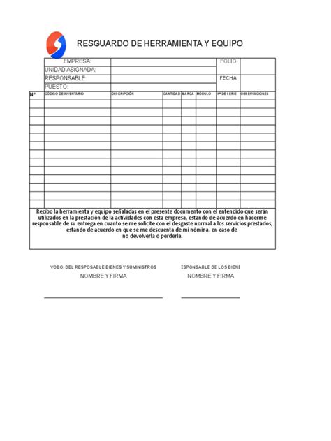Formato De Resguardo De Herramientas Y Equipo Pdf Derecho