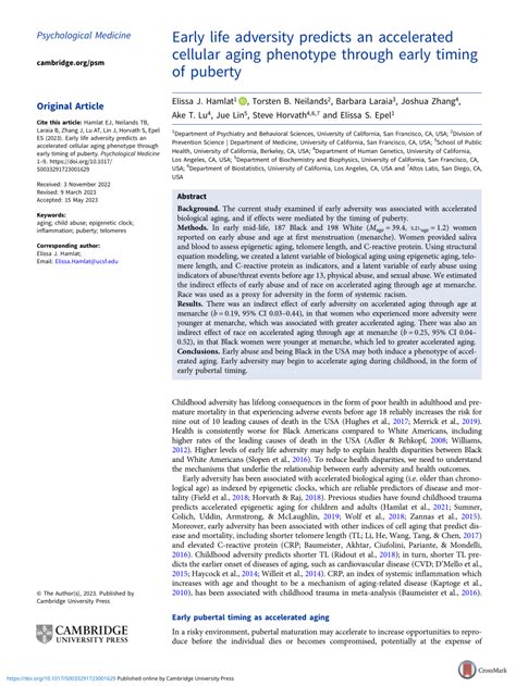 Pdf Early Life Adversity Predicts An Accelerated Cellular Aging Phenotype Through Early Timing