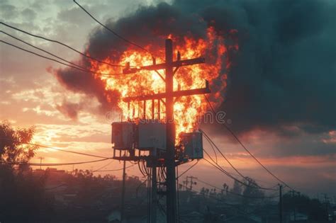 Transformer Exploding And Catching Fire At Sunset Causing A Power