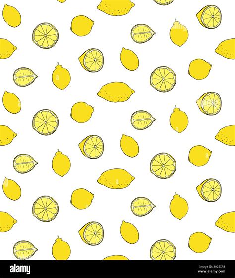 Lemons Whole And Cut Seamless Pattern Vector Graphic Line Ink Yellow
