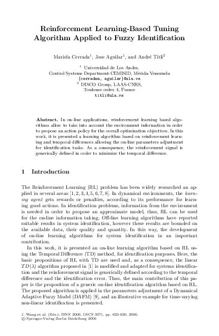 Pdf Reinforcement Learning Based Tuning Algorithm Applied To Fuzzy Identification