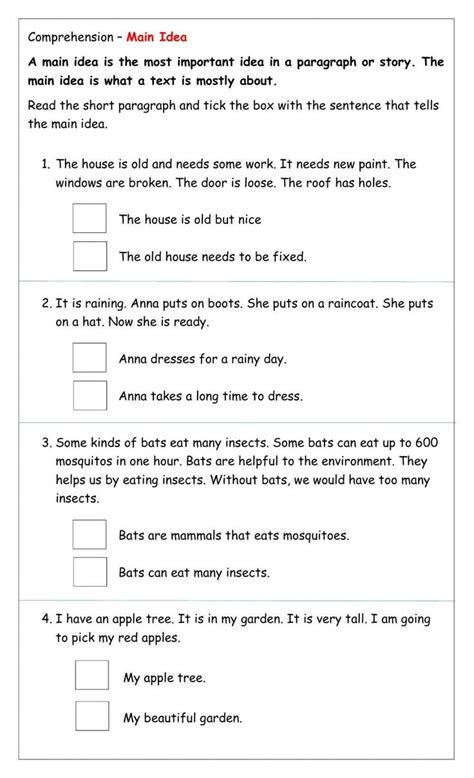 Main Idea Reading Comprehension Worksheets Short Passage Opinion