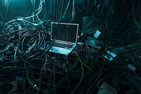 Laptop Computer On Wire Pile In Dark Room Electric Blue Event Stock