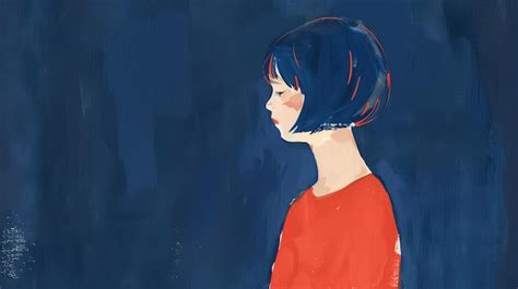 A Woman With Short Blue Hair And A Red Shirt Stands In Profile Against
