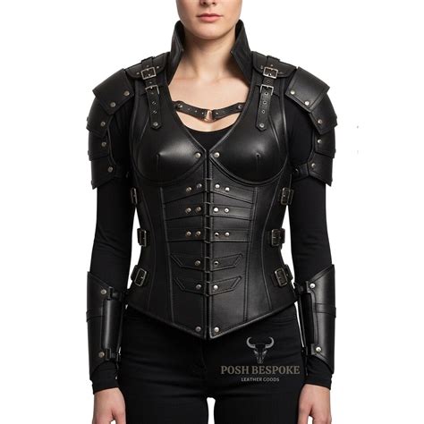 Womens Black Leather Armor Set Gothic Corset Vest With Pauldrons