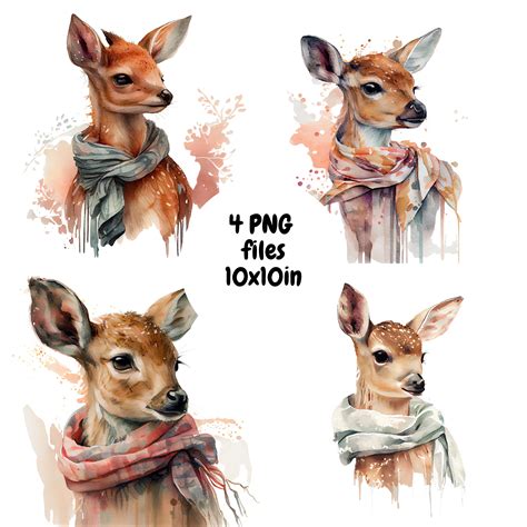 Fawn Clipart Png Watercolor Fawn In Pink Scarf Clip Art Png Etsy