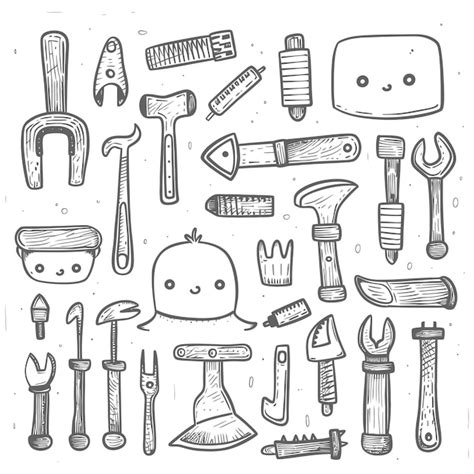 Hand Drawn Cute Cunstruction Tool Kawaii Doodle Collection Set With