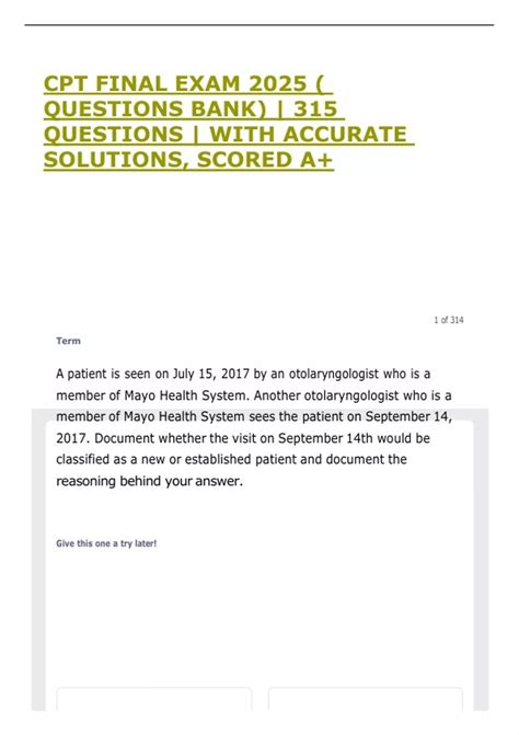 Updated Cpt Final Exam 2025 Questions Bank 315 Questions With Accurate Solutions