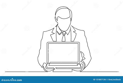 Continuous Line Drawing Of Standing Man In Suit Showing Laptop Computer