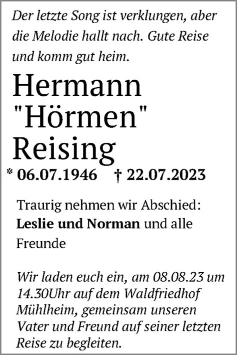 Traueranzeigen Von Hermann Reising Trauerop Onlinede