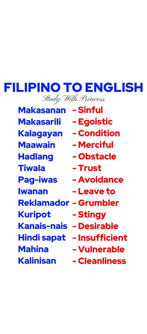 Study Useful Filipino To English Translation Vocabulary Translation