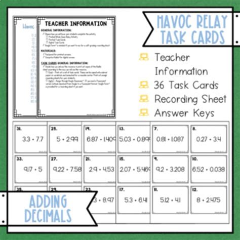 Adding Decimals Math Task Cards Review Activity 6th Grade Havoc Math