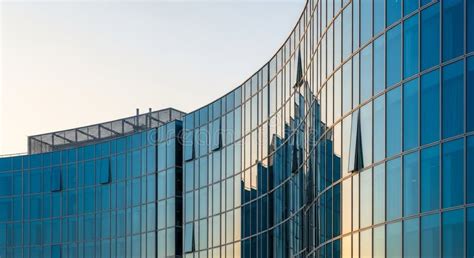 Curved Blue Glass Facade Of A Modern Office Building Reflecting The Sky