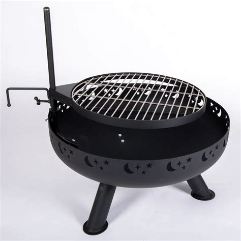 3 Foot Round Outdoor Fire Pit With Bbq Grill Mesh With Moon And Star Pattern Steel Fire Pit
