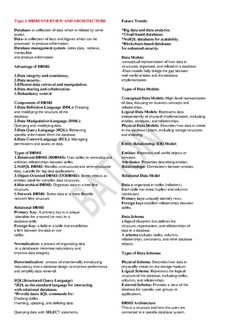 Database Management System Reviewer Topic I DBMS OVERVIEW AND ARCHITECTURE Database Is Studocu
