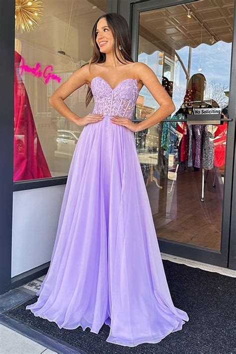 Strapless Sweetheart Neck Purple Lace Long Prom Dress Lavender Lace F