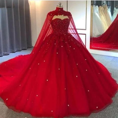 Hot Lace Tulle Ball Gown Red Quinceanera Dresses With Cape Ball Gowns