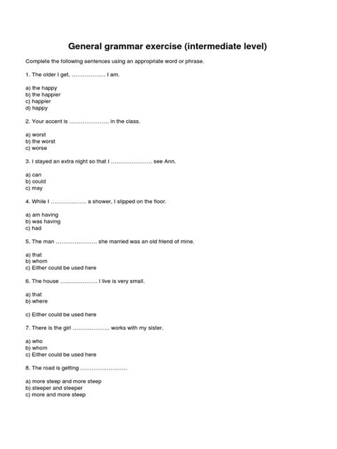 General Grammar Exercise Intermediate Level Pdf