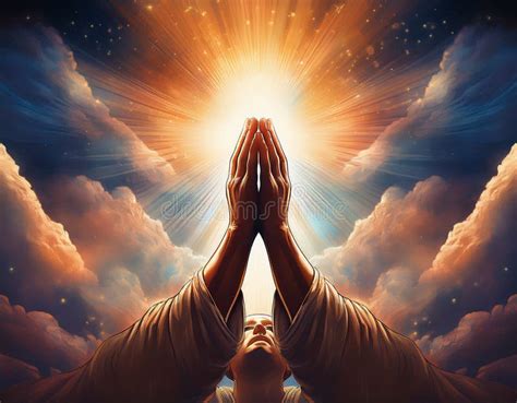 A Depiction Of Hands Raised In Prayer Towards A Softly Glowing Light Stock Illustration