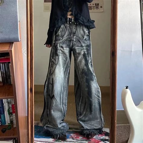 Y2k American Vintage Hip Hop Washing Fashion Striped Graffiti Jeans