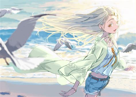 Safebooru 1girl Beach Bird Blonde Hair Bracelet Camisole Coat Colored