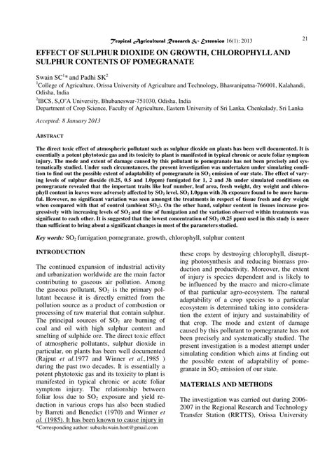 Pdf Effect Of Sulphur Dioxide On Growth Chlorophyll And Sulphur
