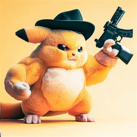 Humanoid Mafioso Muscular Fluffy Fuzzy Pikachu Holding A Giant Gun Wearing A Fedora R