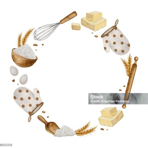 주방 용품 및 베이킹 재료 롤링 핀 숟가락 스쿱 밀가루 버터 털기 냄비 홀더 수채화 프레임입니다 빵집 빵집 카드 상점 포스터