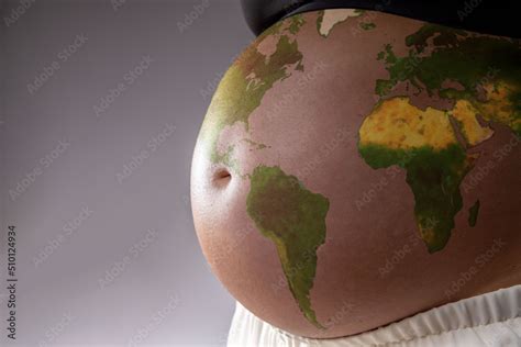 Pregnant With The Map Of The World Drawn On Her Belly Concept Of