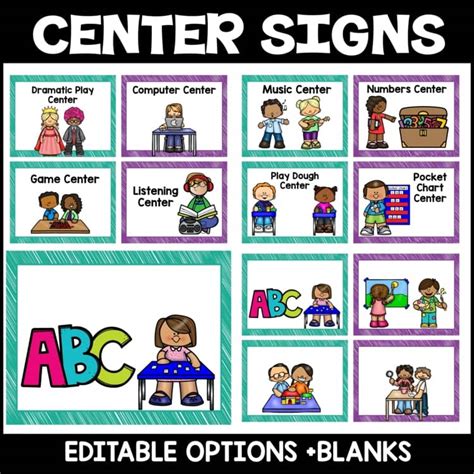 Center Signs And Cards Purple And Teal Themed Class Decor By Teaching