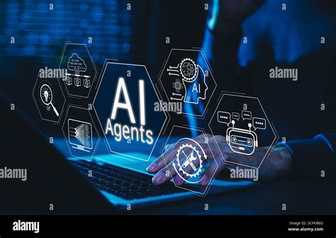 Ai Agent Technology For Automation And Virtual Assistance Man Using Laptop With Ai Agents Icons