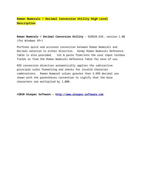 Doc Roman Numerals Decimal Conversion Utility Version 100 High