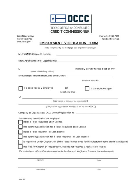 Mortgage Employment Verification Form