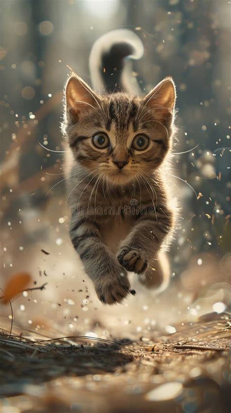 Portrait Of Cute Kitten Running And Almost Fly Surrounded By Golden