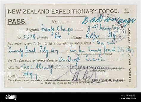 New Zealand Expeditionary Force Leave Pass 1917 Maker Unknown T