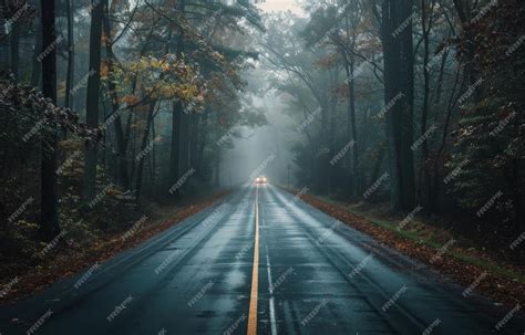 Empty Road Through Foggy Forest On A Rainy Day Premium Ai Generated Image