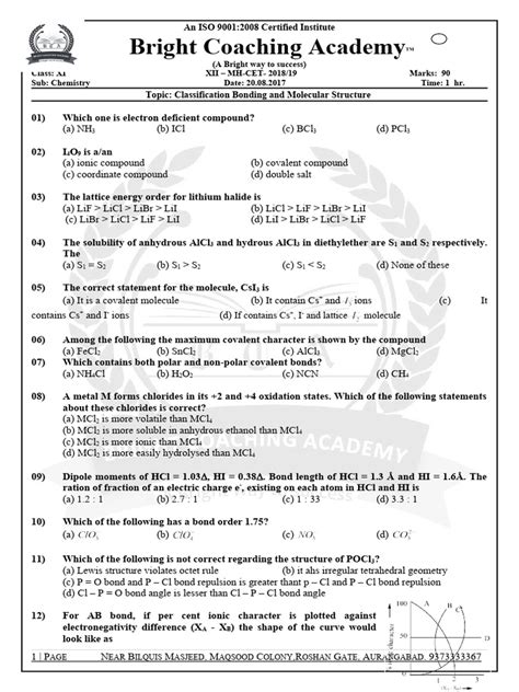 Chemistry Bonding And Molecular Structure Quiz Pdf Chemical Bond Atoms