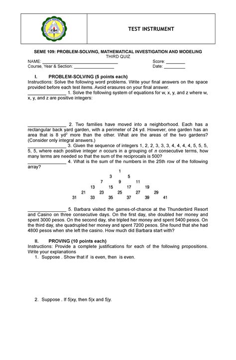 Third Quiz In Problem Solving Test Instrument Seme 109 Problem