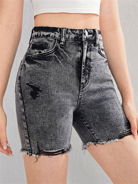 Teen Girls Ripped Raw Hem Denim Shorts Shein Usa