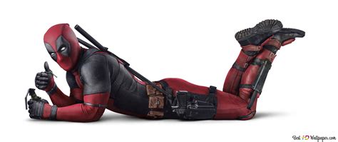 Deadpool Movie Superhero In Red Black Costume Lying On White Background 8k Wallpaper Download