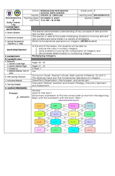 Multiplying Integers Mathematics 8 Daily Lesson Log School Mangaldan