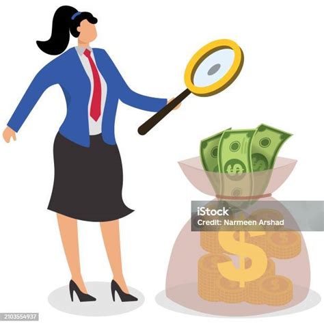 저축 이자 투자 수수료 및 비용 분석 최상의 투자 방법 및 경제 정책 최적화 돋보기를 사용하여 가방 안의 돈을 분석하는 사업가